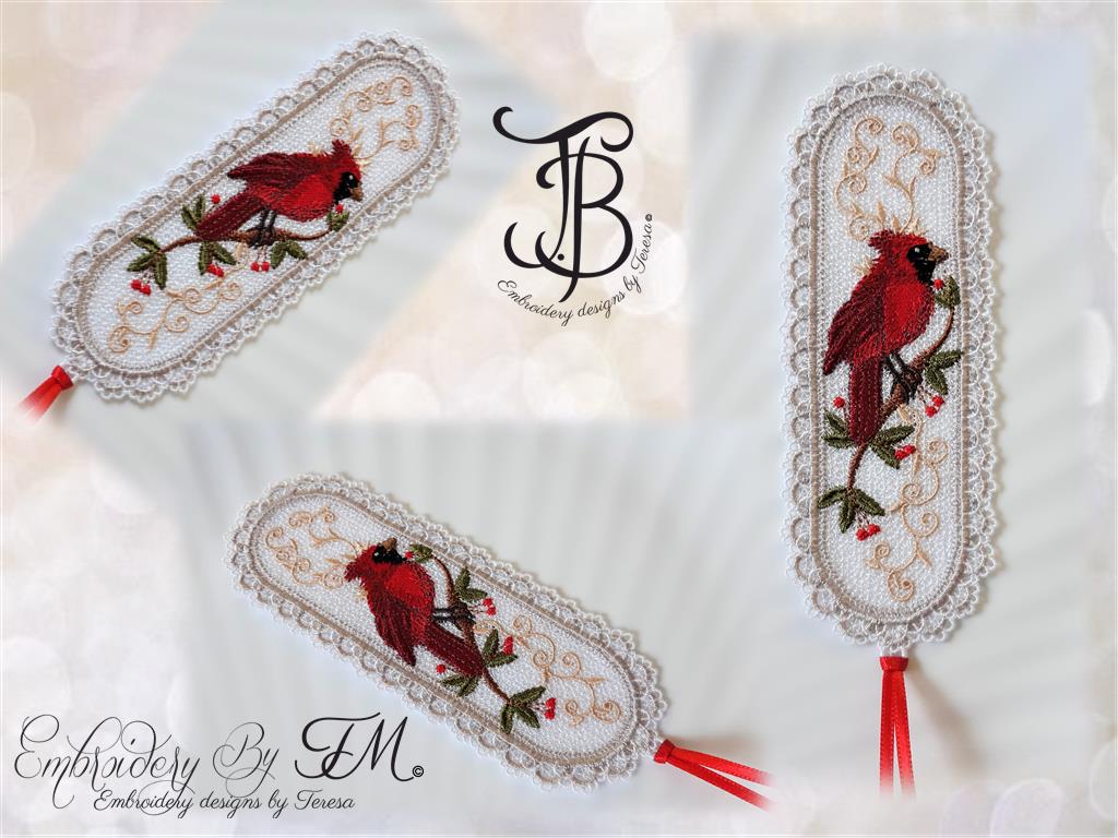 Bookmark with Red Cardinal/ 5x7 hoop – Embroidery by TM - designs by Teresa