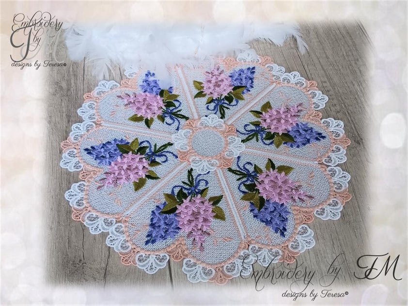FSL doily with Lilac / 5x7 hoop – Embroidery by TM - designs by Teresa