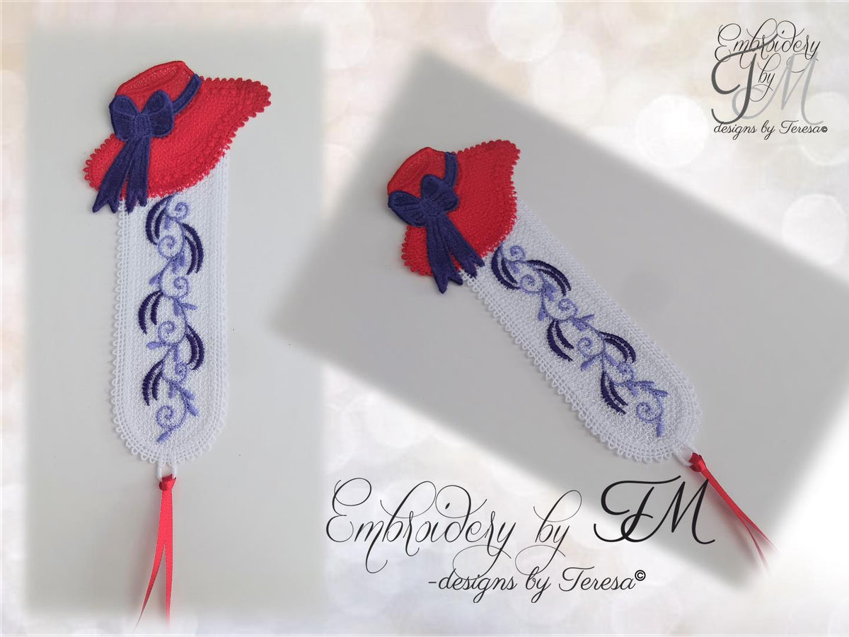Bookmark red hat No.1/5x7 hoop – Embroidery by TM - designs by Teresa