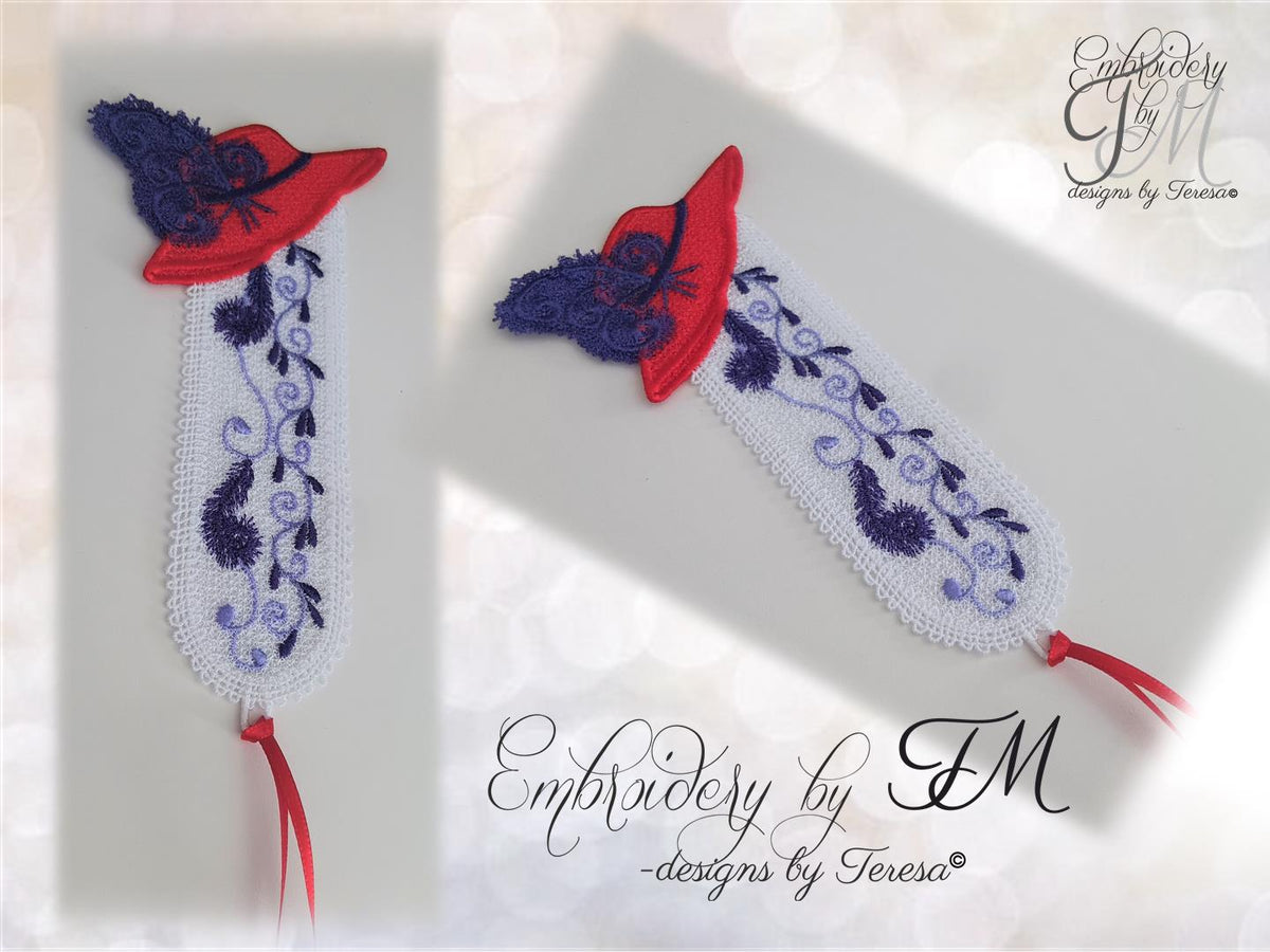 Bookmark red hat No.3/5x7 hoop – Embroidery by TM - designs by Teresa